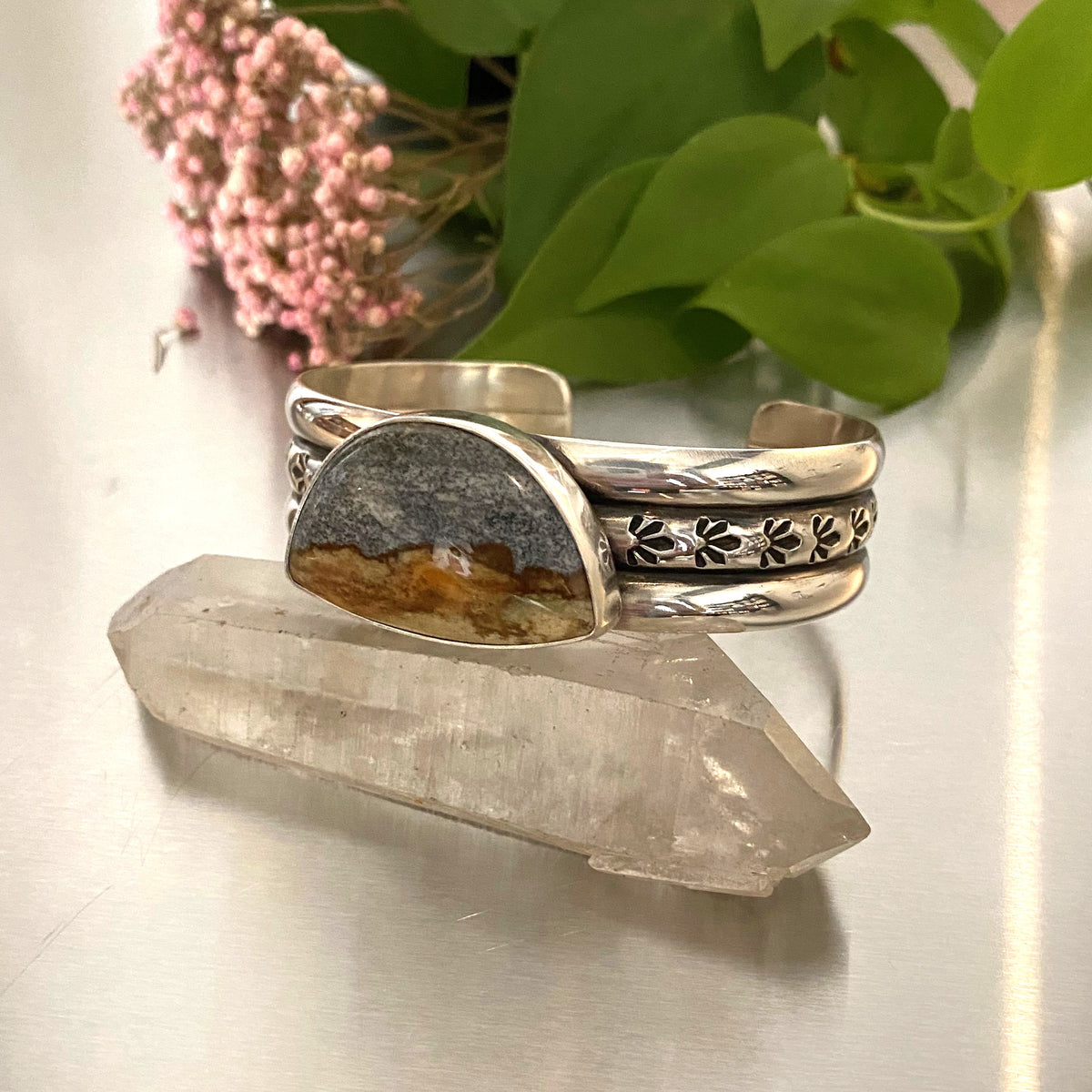 The Starry Night Cuff- Size M/L- McDermitt Picture Jasper and Stamped – Myopic Void