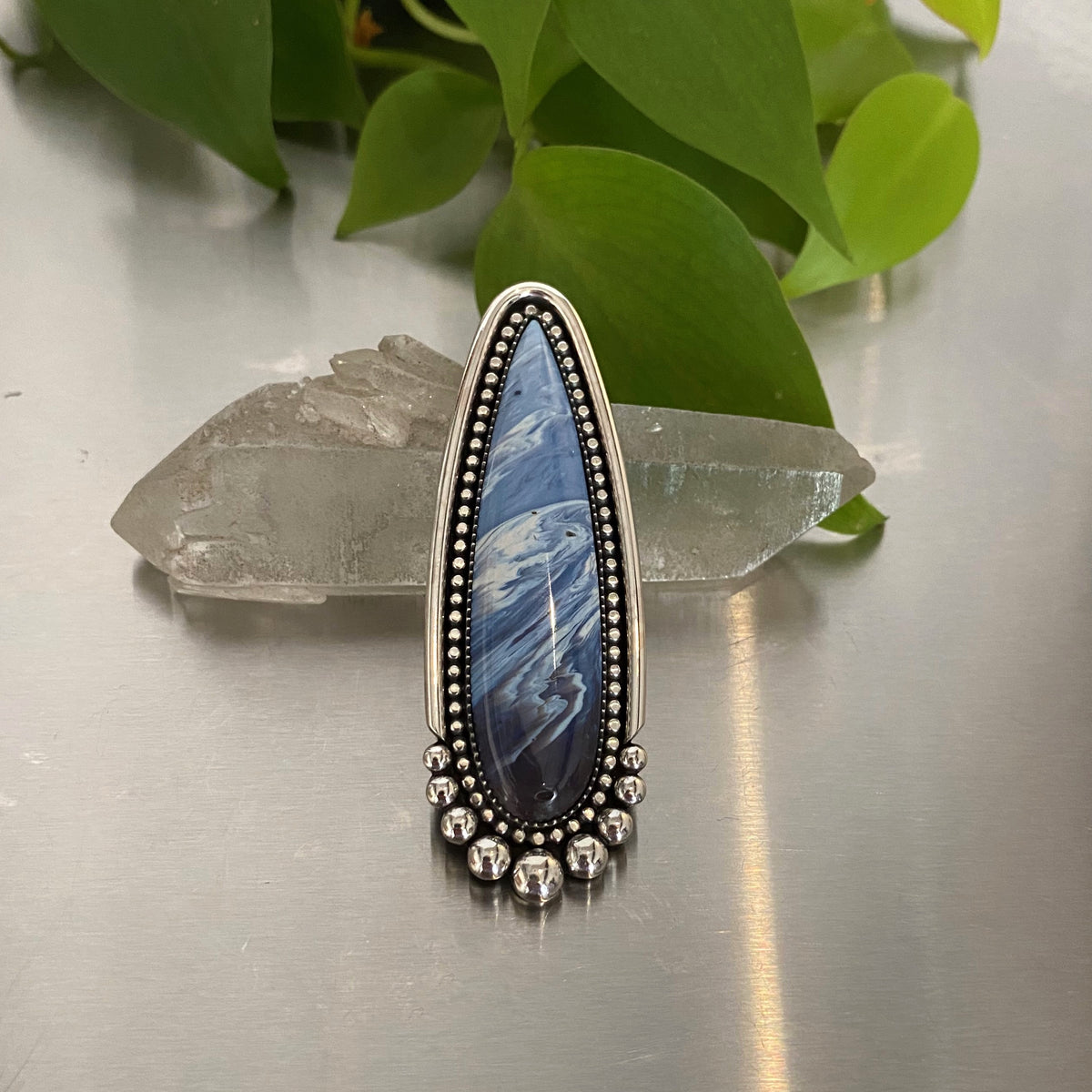 The Ocean Mist Ring- Pioneer Blue Swirl Slag Glass and Sterling Silver – Myopic Void