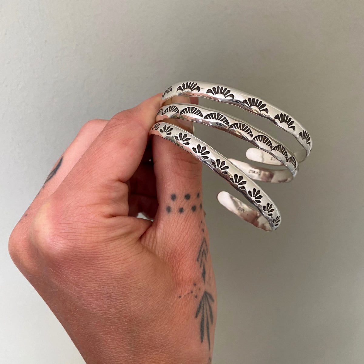 New Designs! Set of 3 Wide Sterling Cuffs- Lotus, Petal, Fan Motif. Ha ...