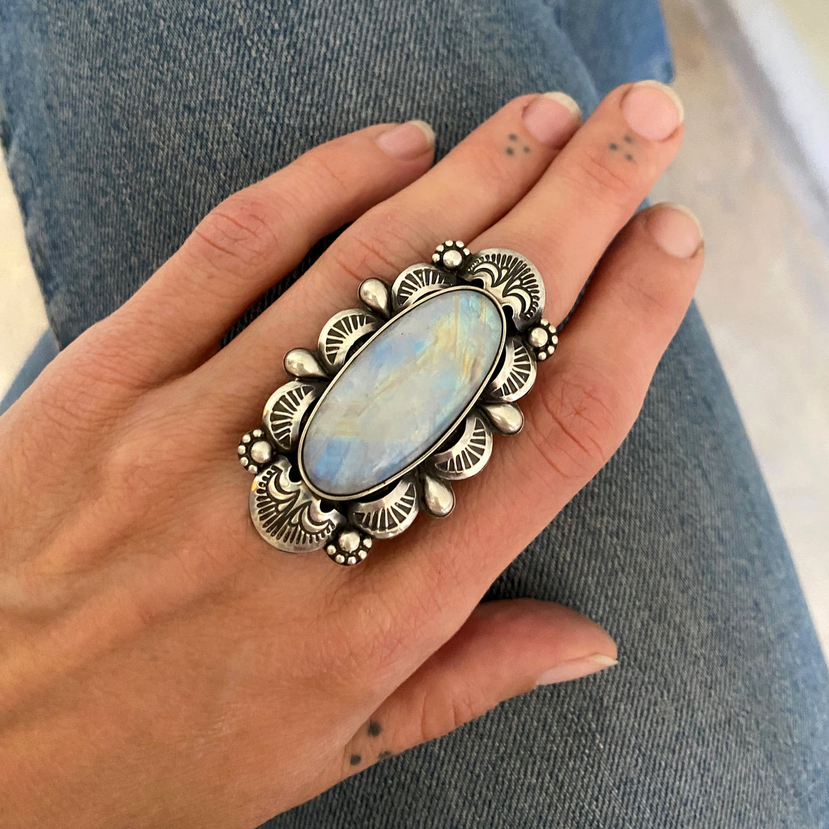 The Luna Ring- Rainbow Moonstone and Sterling Silver- Finished to Size ...