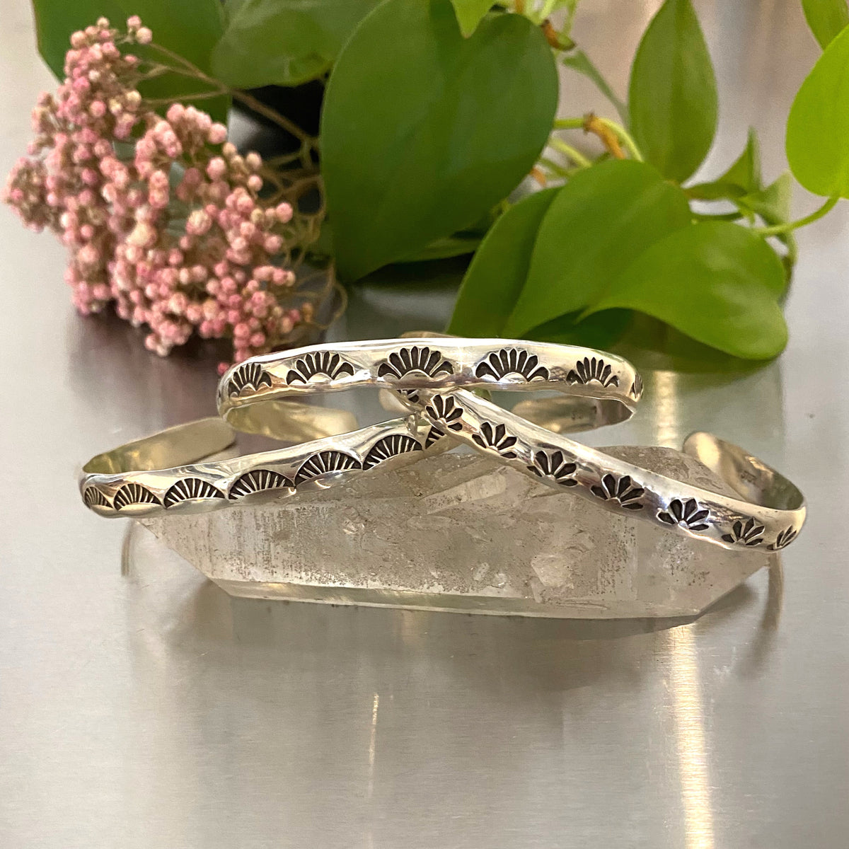 New Designs! Set of 3 Wide Sterling Cuffs- Lotus, Petal, Fan Motif. Ha ...